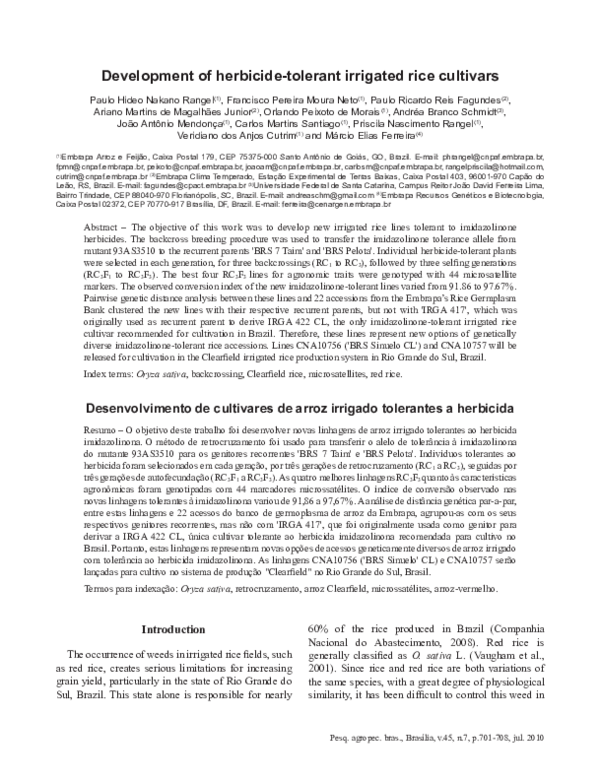 (PDF) Development of herbicide-tolerant irrigated rice cultivars