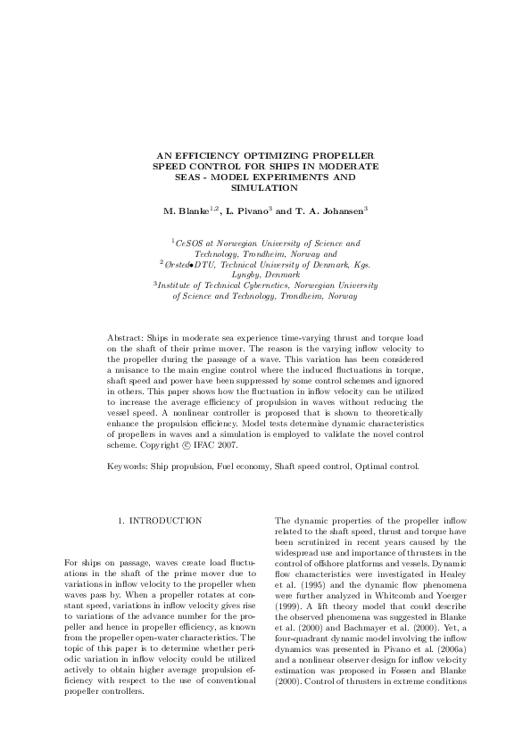 (PDF) An Efficiency Optimizing Propeller Speed Control for Ships in Moderate Seas - Model ...