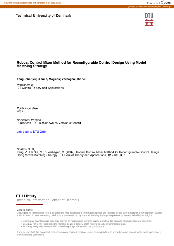 (PDF) Robust control mixer method for reconfigurable control design using model matching