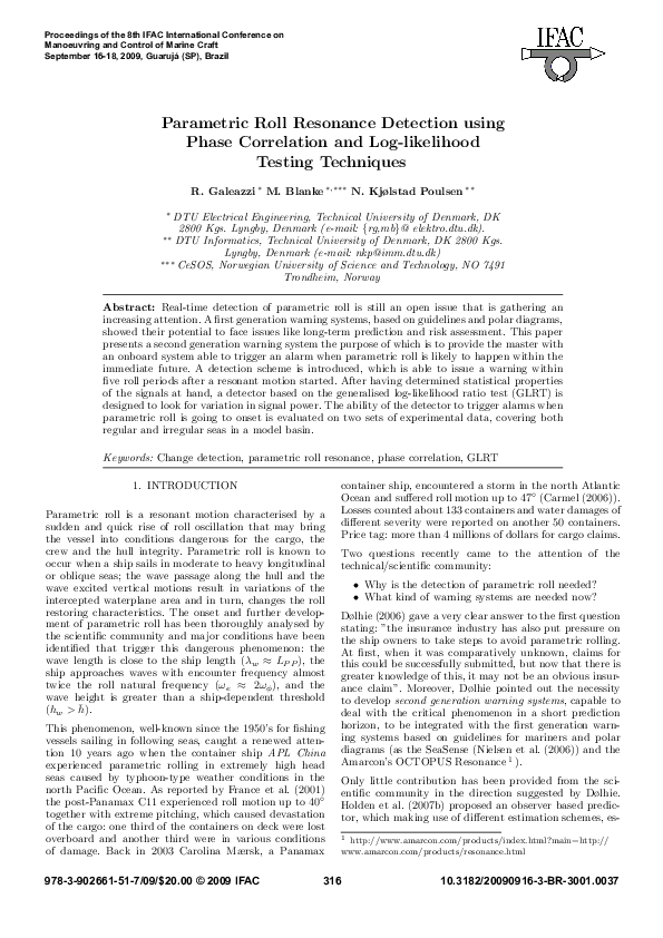Pdf Parametric Roll Resonance Detection Using Phase Correlation And Log Likelihood Testing