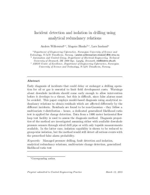 Pdf Incident Detection And Isolation In Drilling Using Analytical Redundancy Relations
