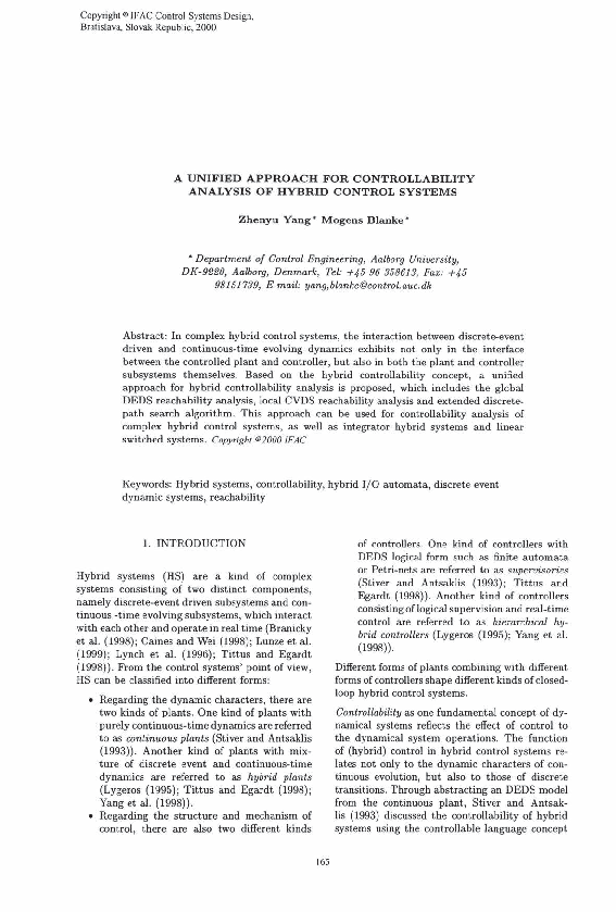 (PDF) A Unified Approach for Controllability Analysis of Hybrid Control Systems