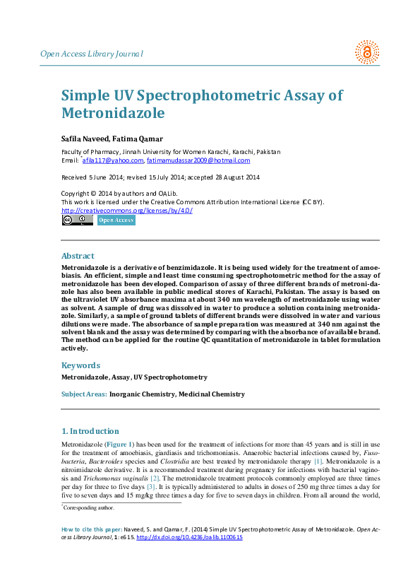 (PDF) Simple UV Spectrophotometric Assay of Metronidazole