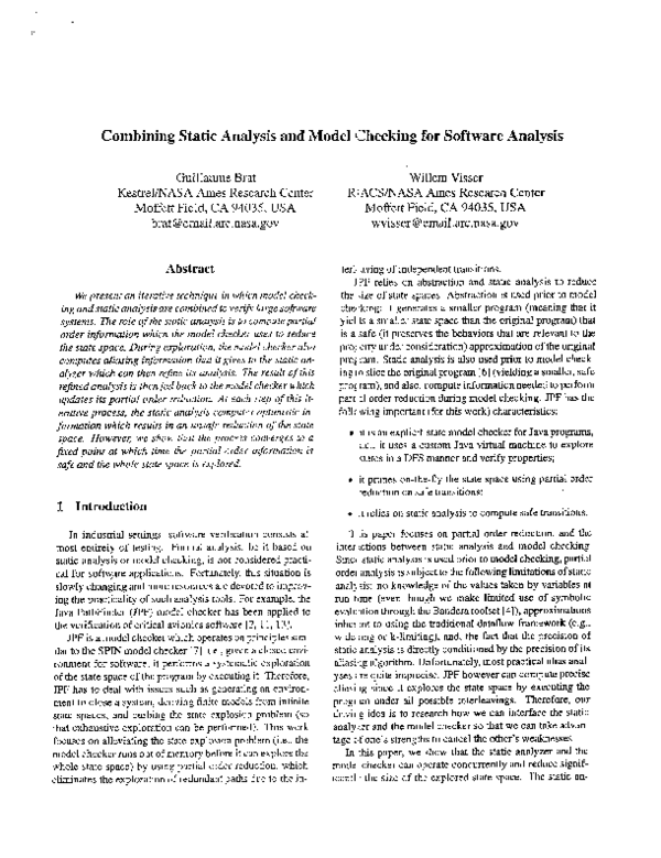 (PDF) Combining static analysis and model checking for software analysis | Willem Visser ...