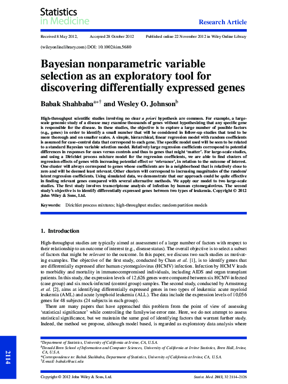 (PDF) Bayesian nonparametric variable selection as an exploratory tool for discovering ...