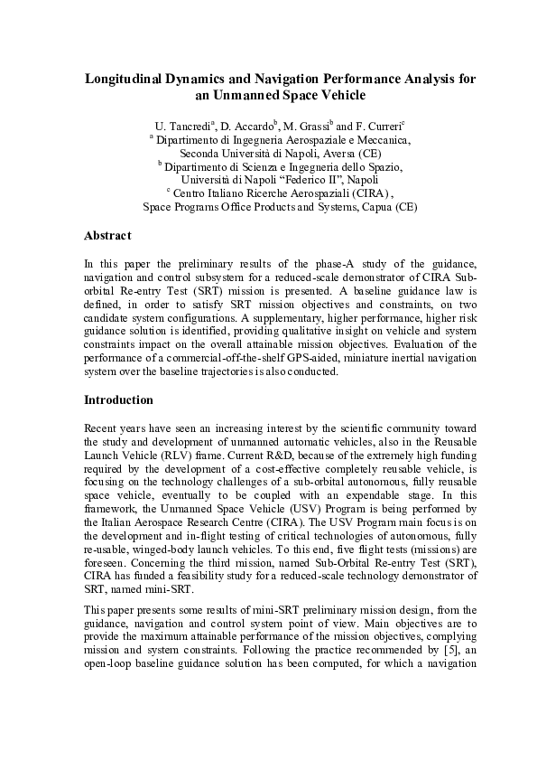 (PDF) Longitudinal Dynamics and Navigation Performance Analysis for an Unmanned Space Vehicle ...