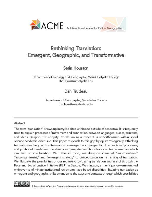 (PDF) Rethinking Translation: Emergent, Geographic, and Transformative