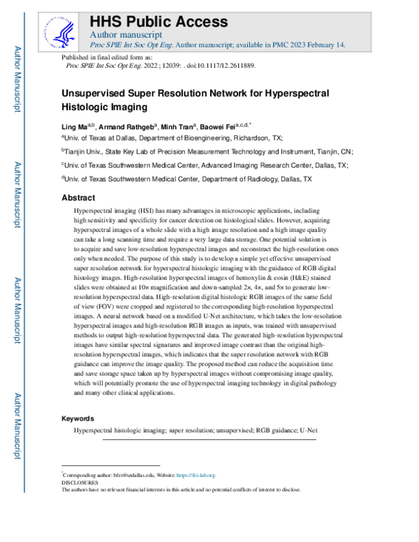 (PDF) Unsupervised super resolution network for hyperspectral histologic imaging
