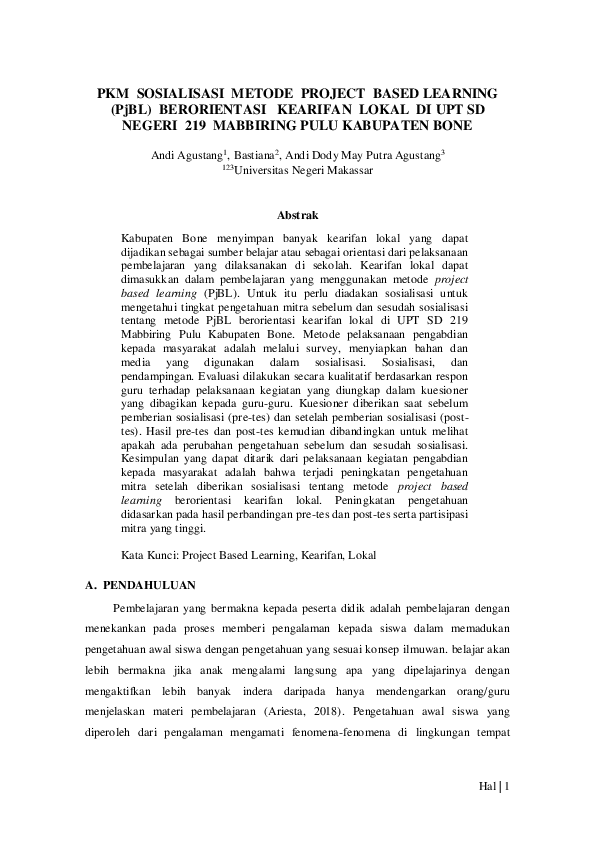 (PDF) PKM SOSIALISASI METODE PROJECT BASED LEARNING (PjBL) BERORIENTASI ...