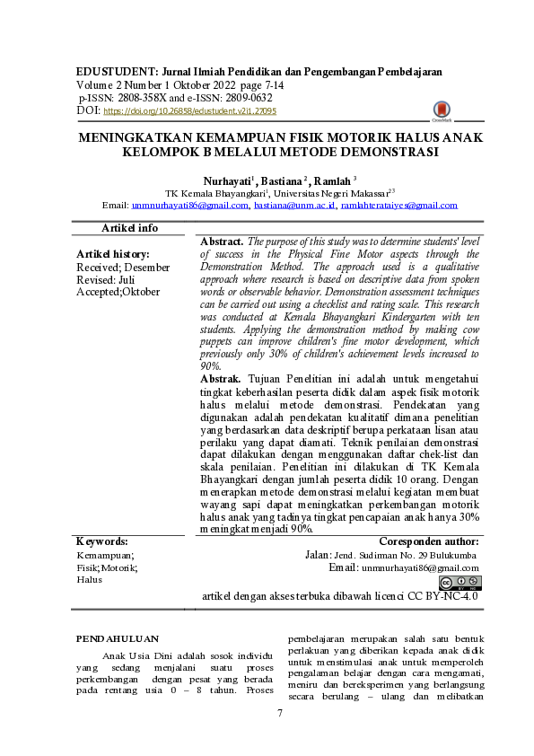 (PDF) Meningkatkan Kemampuan Fisik Motorik Halus Anak Kelompok B Melalui Metode Demonstrasi