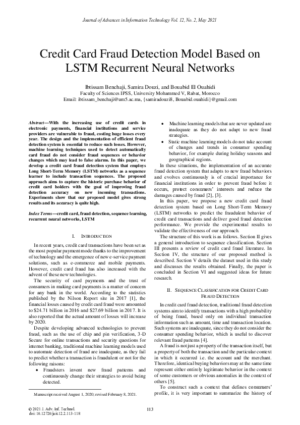 Pdf Credit Card Fraud Detection Model Based On Lstm Recurrent Neural Networks