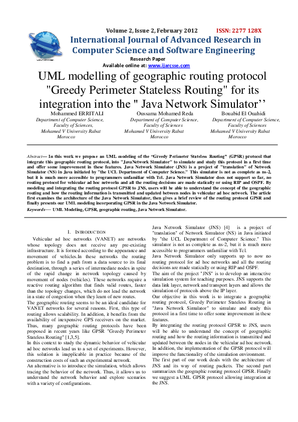 Pdf Uml Modelling Of Geographic Routing Protocol Greedy Perimeter Stateless Routing For Its