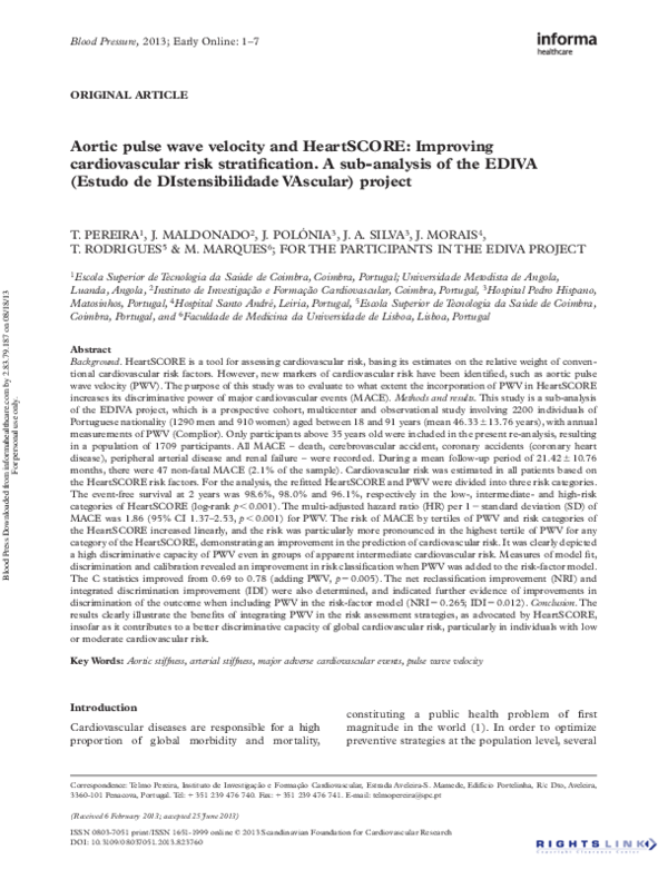 (PDF) Aortic pulse wave velocity and HeartSCORE: Improving cardiovascular risk stratification. A ...