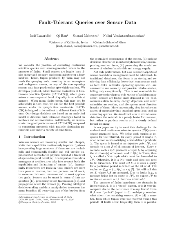 (PDF) Fault-Tolerant Queries over Sensor Data (PDF) Fault-Tolerant Queries over Sensor Data