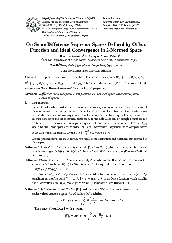 (PDF) On Some Difference Sequence Spaces Defined by Orlicz Function and Ideal Convergence in 2 ...