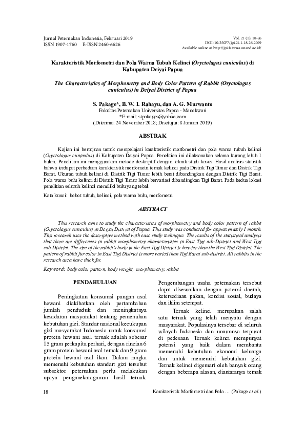 (PDF) Karakteristik Morfometri dan Pola Warna Tubuh Kelinci ...