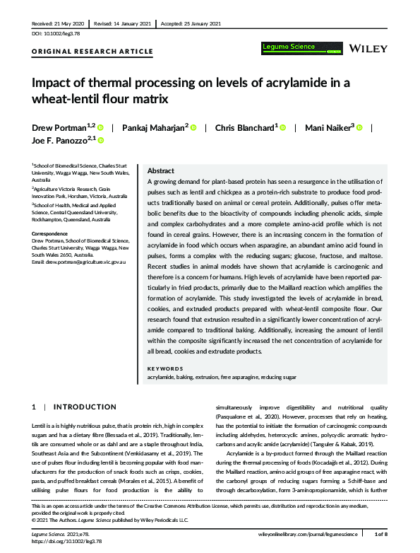 (PDF) Impact of thermal processing on levels of acrylamide in a wheat‐lentil flour matrix