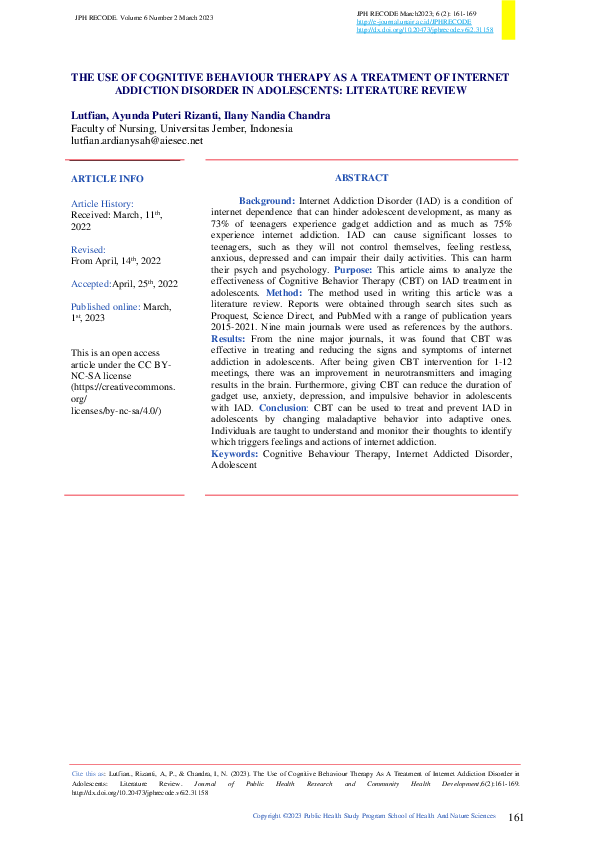 (PDF) The Use of Cognitive Behaviour Therapy as a Treatment of Internet Addiction Disorder in ...