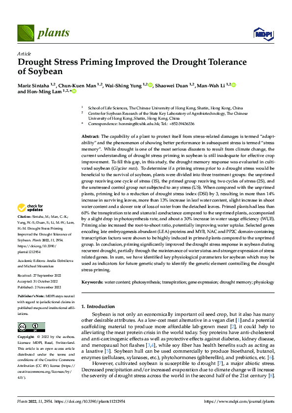 (PDF) Drought Stress Priming Improved the Drought Tolerance of Soybean