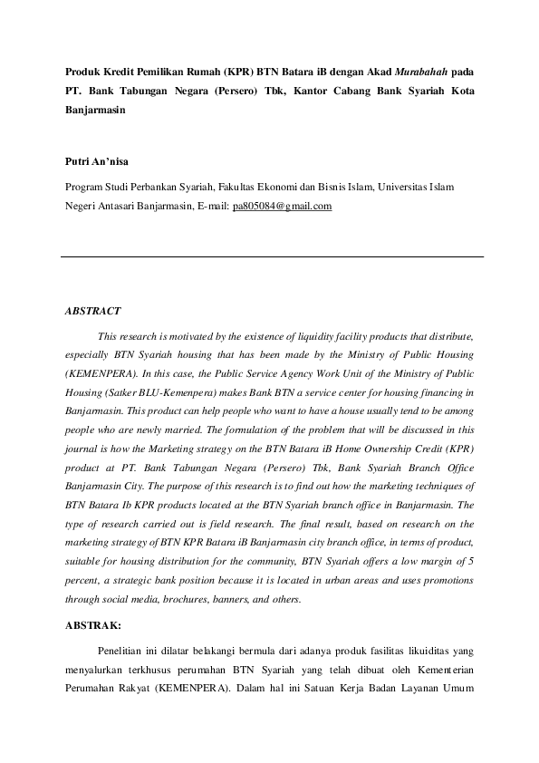 (PDF) Produk Kredit Pemilikan Rumah (KPR) BTN Batara iB dengan Akad Murabahah pada PT. Bank ...
