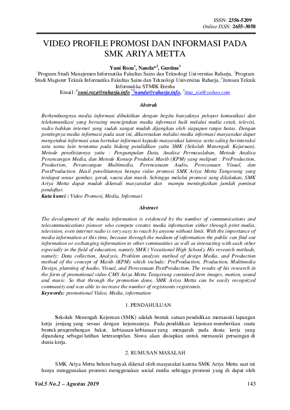 (PDF) Video Profile Promosi Dan Informasi Pada SMK Ariya Metta