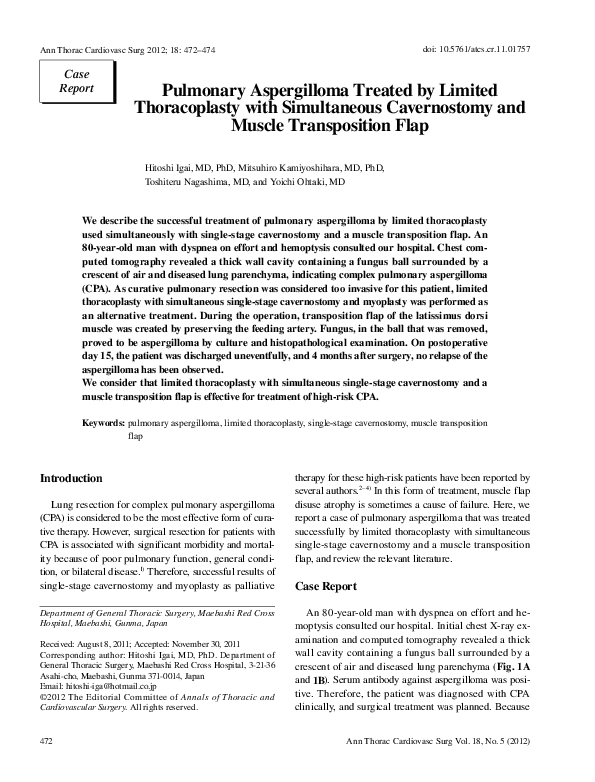 (PDF) Pulmonary Aspergilloma Treated by Limited Thoracoplasty with ...