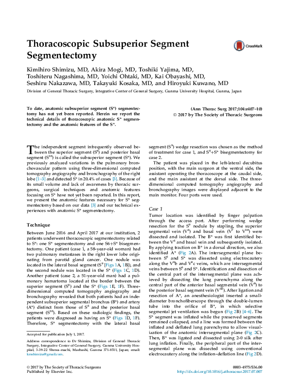 Pdf Thoracoscopic Subsuperior Segment Segmentectomy
