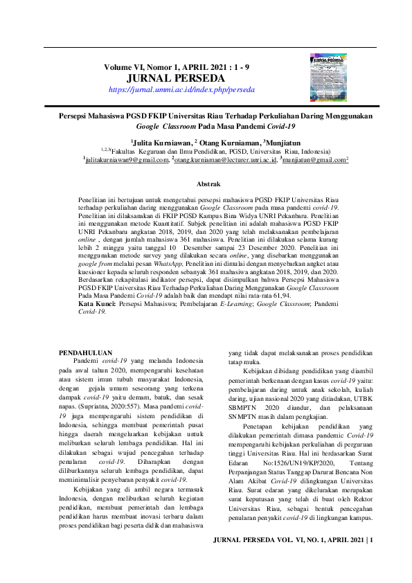 (PDF) Persepsi Mahasiswa PGSD FKIP Universitas Riau Terhadap Perkuliahan Daring Menggunakan ...