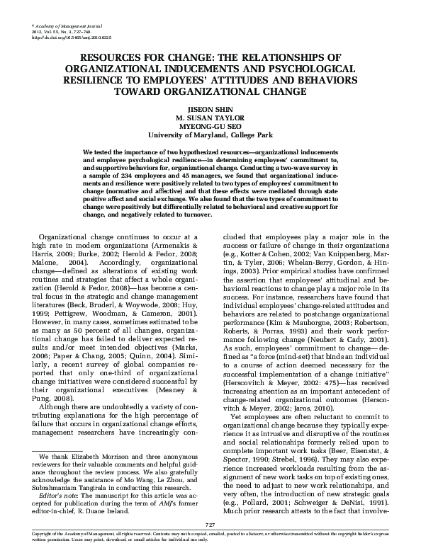 (PDF) Resources for Change: the Relationships of Organizational Inducements and Psychological ...