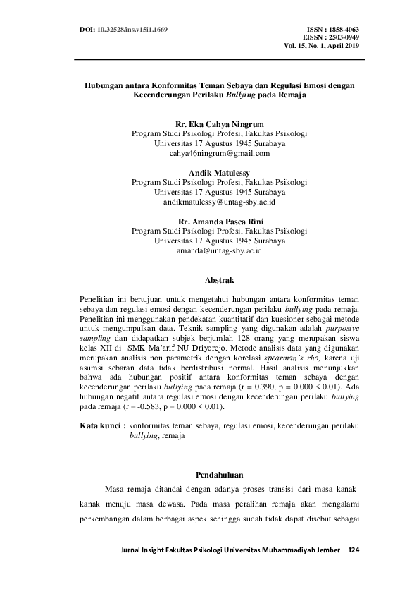 (PDF) Hubungan antara Konformitas Teman Sebaya dan Regulasi Emosi dengan Kecenderungan Perilaku ...