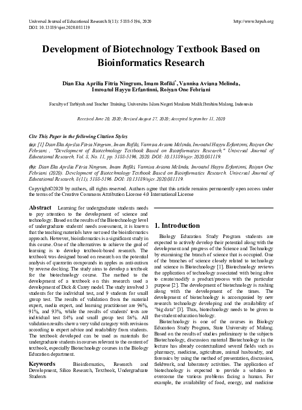 Pdf Development Of Biotechnology Textbook Based On Bioinformatics