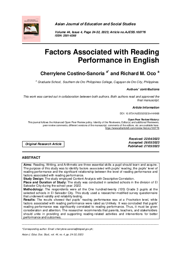 (PDF) Factors Associated with Reading Performance in English