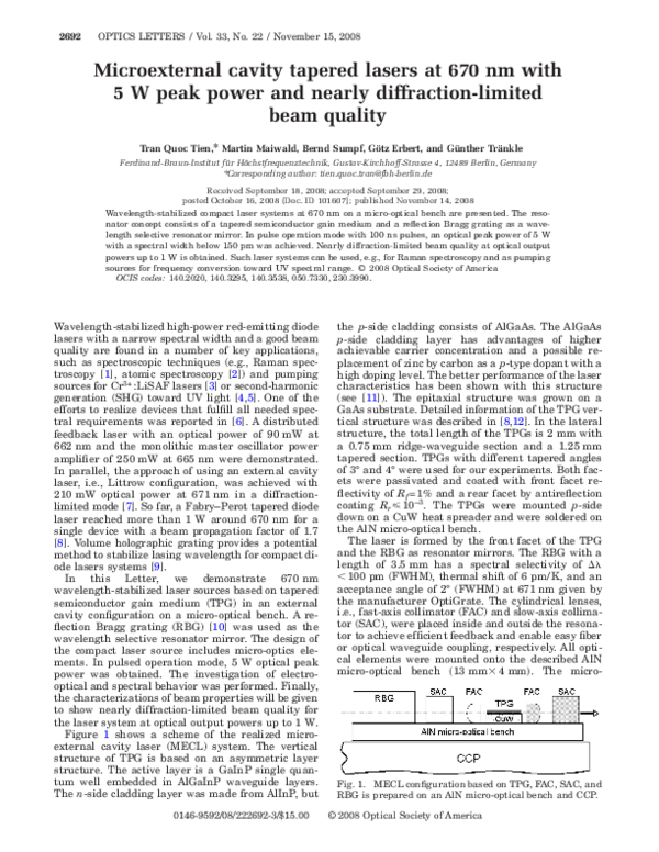 (PDF) Microexternal cavity tapered lasers at 670 nm with 5 W peak power ...