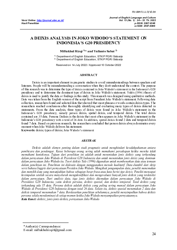 (PDF) A Deixis Analysis in Joko Widodo’s Statement on Indonesia’s G20 ...
