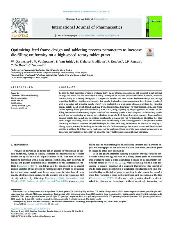 (PDF) Optimizing feed frame design and tableting process parameters to increase die-filling ...