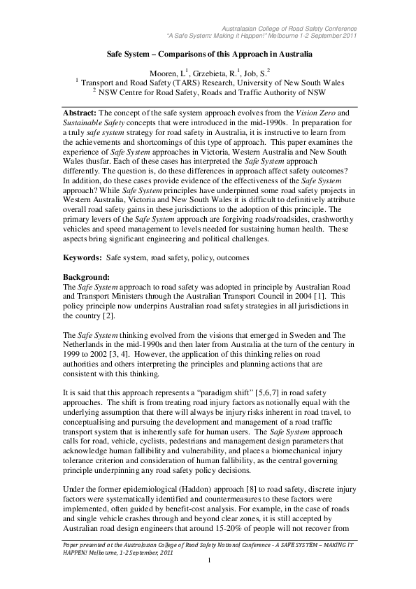 (PDF) Safe System–Comparisons of this approach in Australia