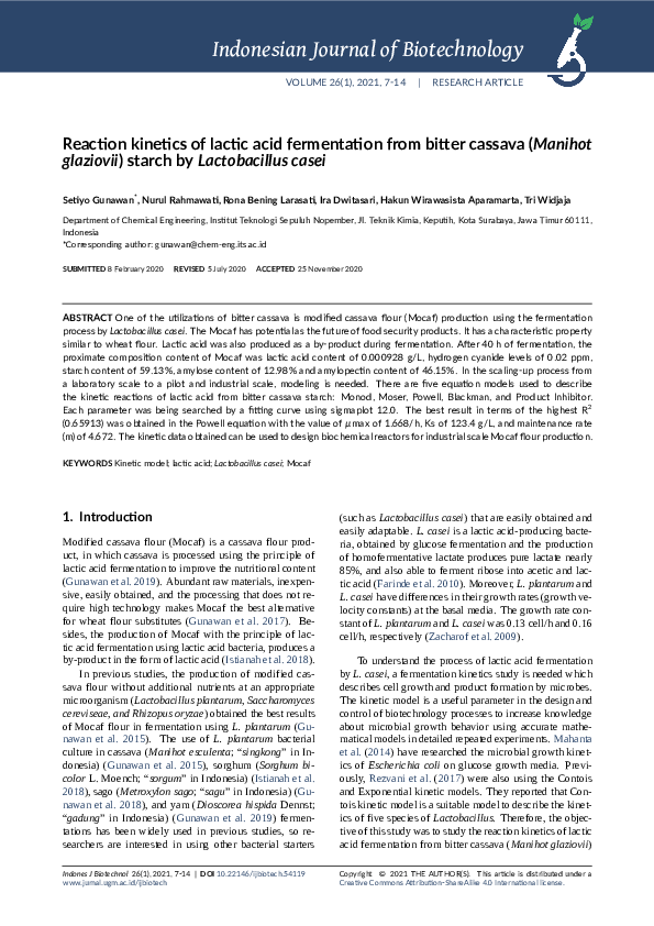 (PDF) Reaction kinetics of lactic acid fermentation from bitter cassava ...