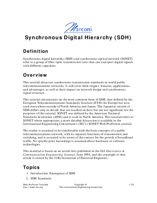 (PDF) The Synchronous Digital Hierarchy (SDH)