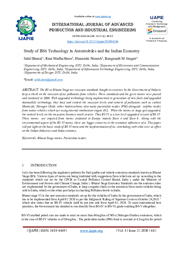 (PDF) Study of BS6 Technology in Automobiles and the Indian Economy