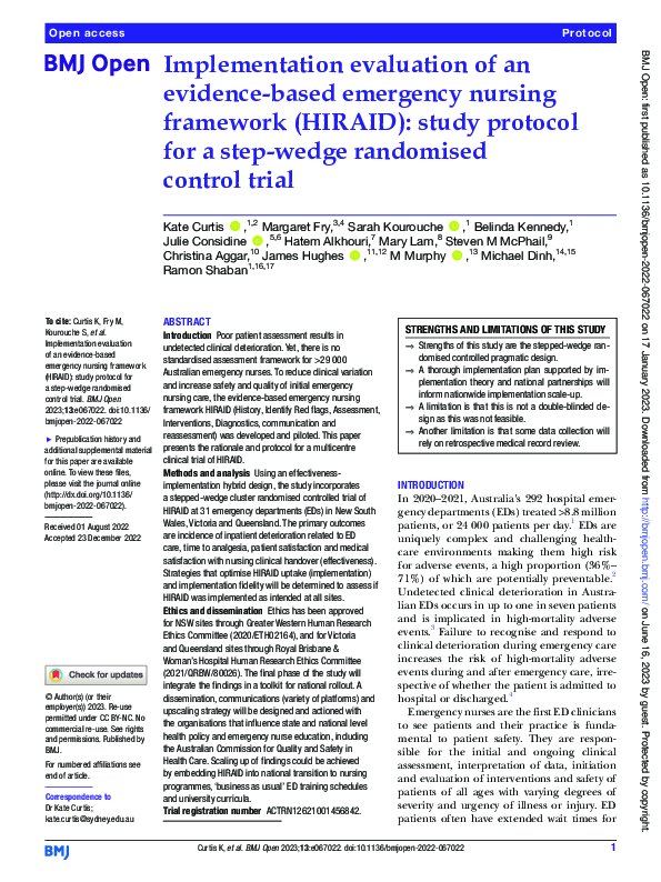 (PDF) Implementation evaluation of an evidence-based emergency nursing framework (HIRAID): study ...