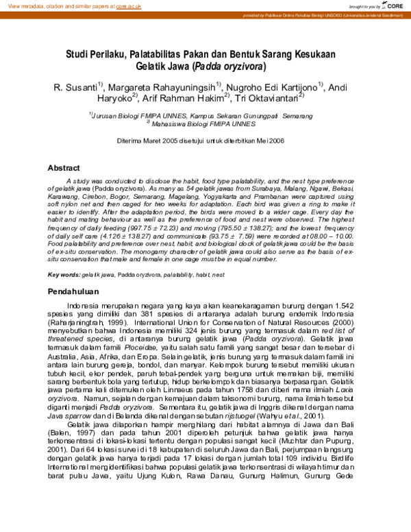 (PDF) Studi Perilaku, Palatabilitas Pakan dan Bentuk Sarang Kesukaan Gelatik Jawa (Padda oryzivora)