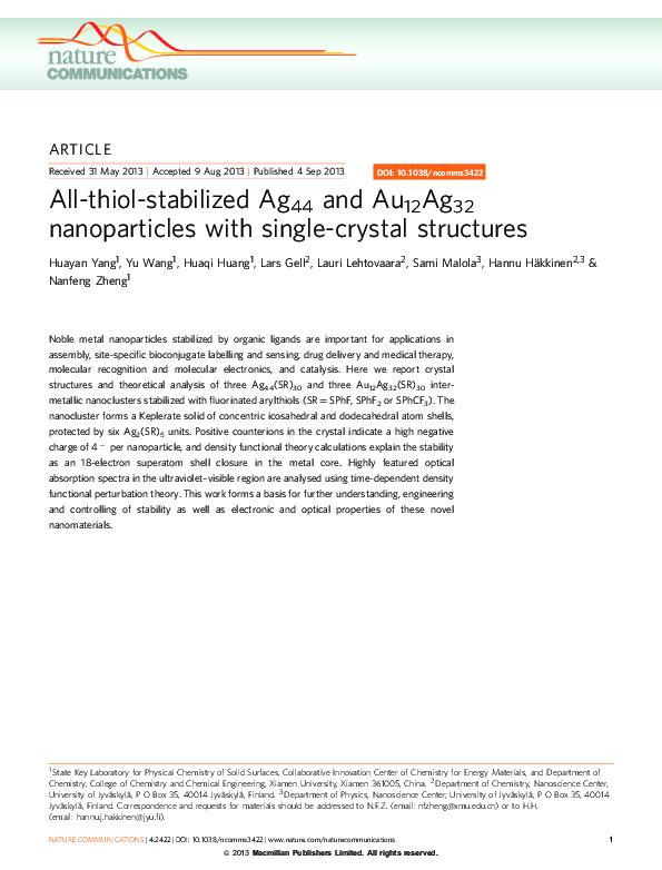 (PDF) All-thiol-stabilized Ag44 and Au12Ag32 nanoparticles with single ...