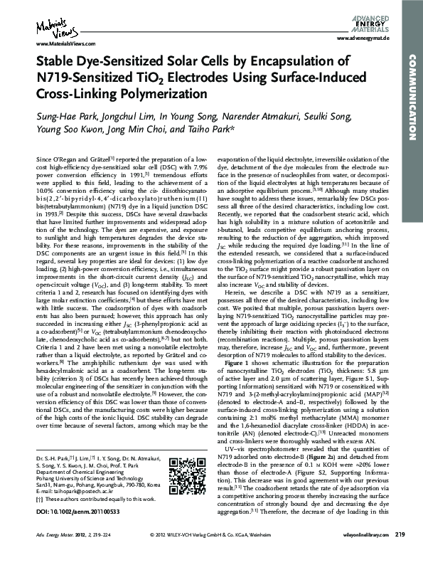 (PDF) Stable Dye-Sensitized Solar Cells by Encapsulation of N719 ...