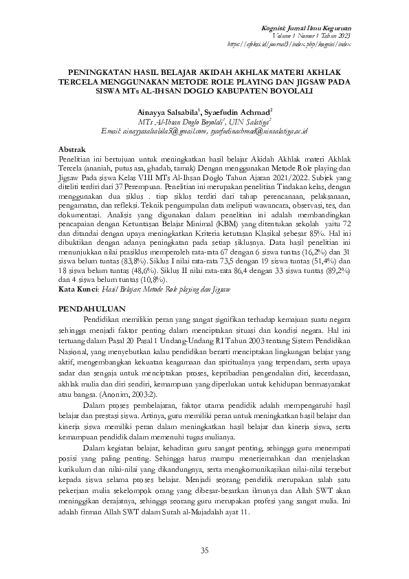 (PDF) PENINGKATAN HASIL BELAJAR AKIDAH AKHLAK MATERI AKHLAK TERCELA MENGGUNAKAN METODE ROLE ...