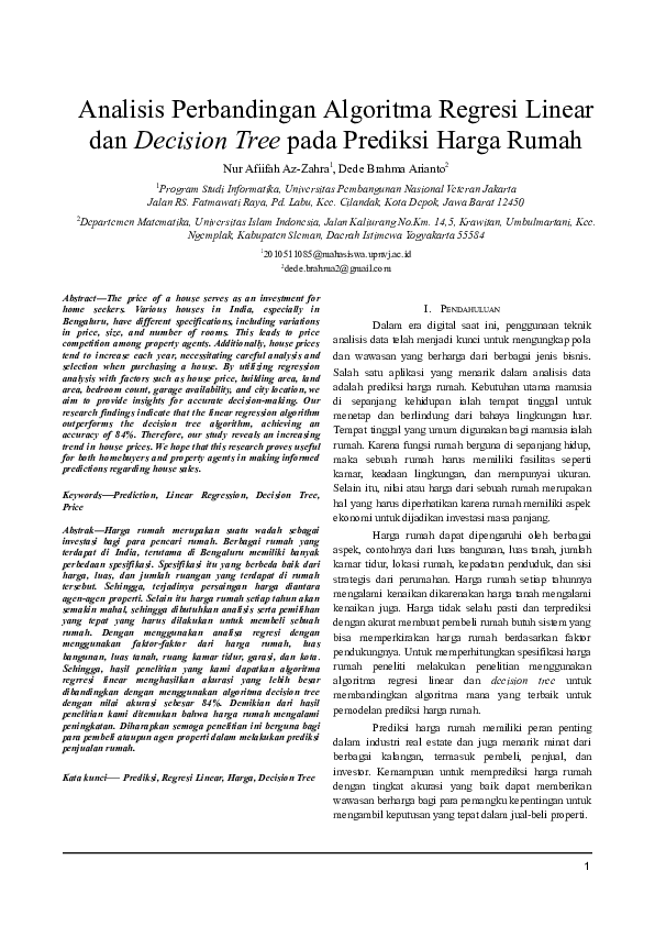 (PDF) Analisis Perbandingan Algoritma Regresi Linear dan Decision Tree pada Prediksi Harga Rumah