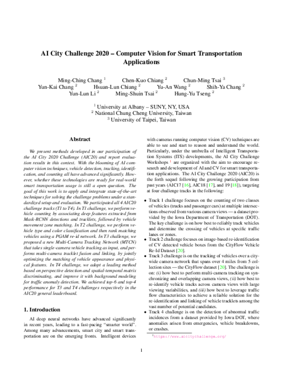(PDF) AI City Challenge 2020 – Computer Vision for Smart Transportation ...