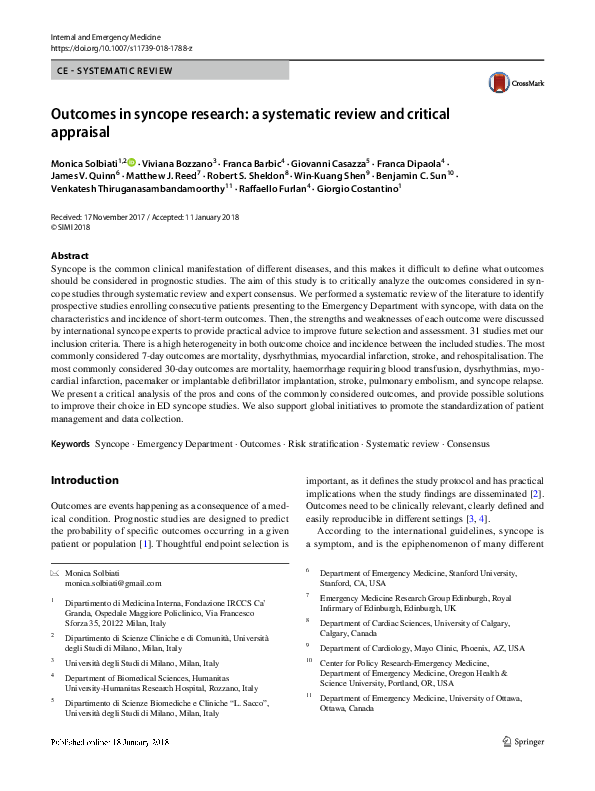 (PDF) Outcomes in syncope research: a systematic review and critical ...
