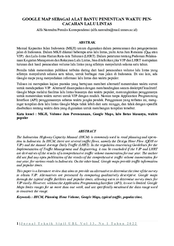 (PDF) Google Map Sebagai Alat Bantu Penentuan Waktu Pencacahan Lalu Linta