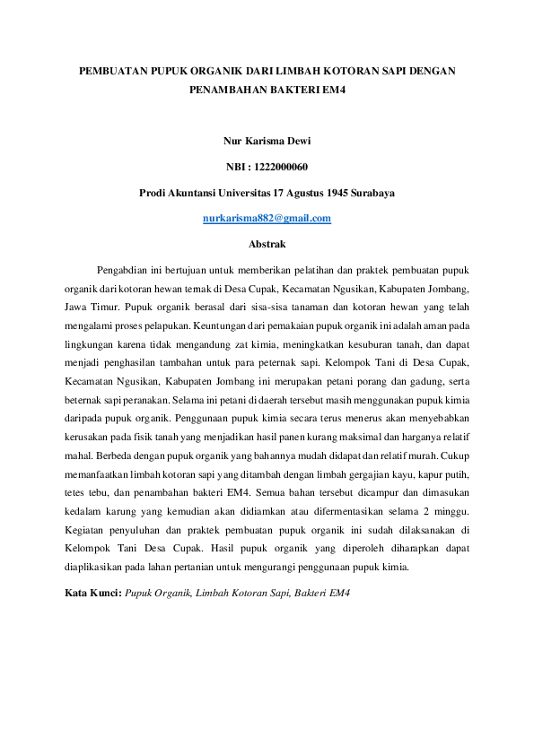 (PDF) PEMBUATAN PUPUK ORGANIK DARI LIMBAH KOTORAN SAPI DENGAN PENAMBAHAN BAKTERI EM4