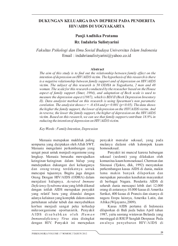 (PDF) Dukungan Keluarga Dan Depresi Pada Penderita Hiv/Aids Di Yogyakarta